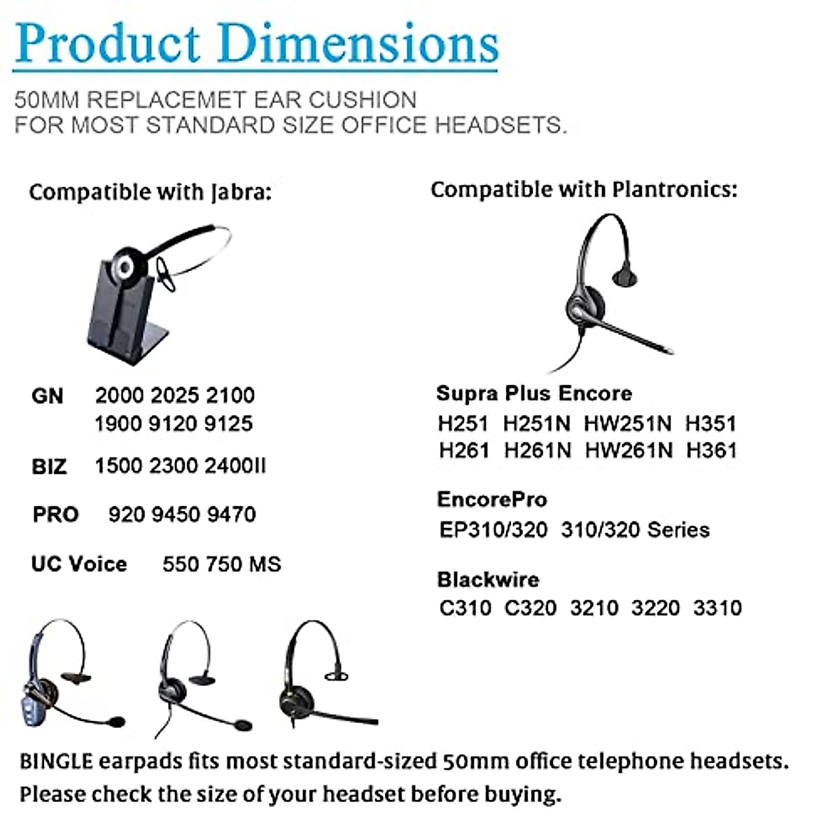 Bingle Replacement Earpads Leatherette Spare Ear Cushions Compatible with Plantronics Supra Plus Encore and H251 H251N H261 H261N H351 H351N H361 H361N Office Telephone Headsets (4 Pack)(BEC-LTH4)