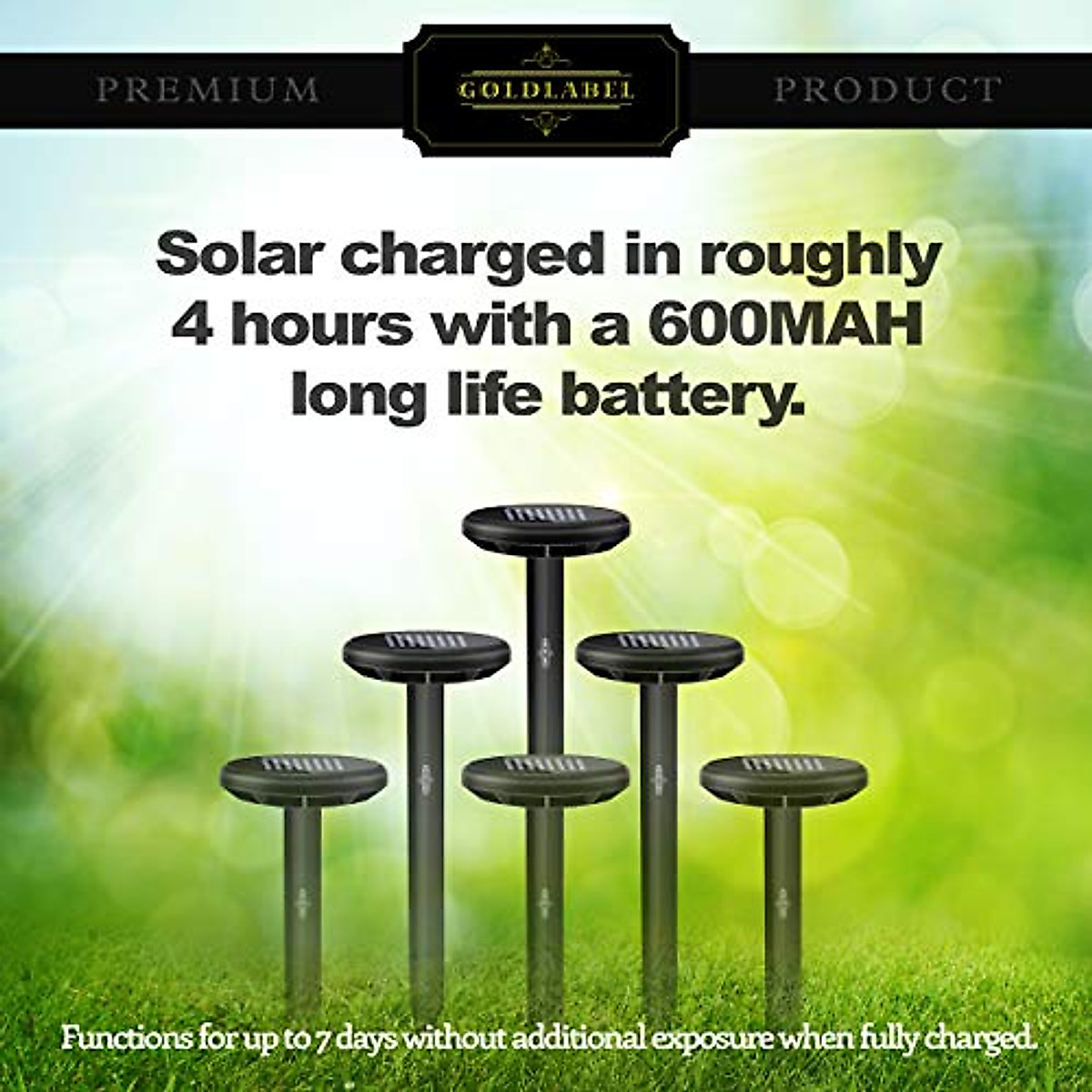 Gold Label Premium Waterproof Ultrasonic Solar Animal Repellent | Long Lasting Humane Solar Pest Control Spikes for Groundhog, Gopher, Vole, Mole, Snake, Chipmunk, Raccoon, Squirrel, Mice | 6 Pack
