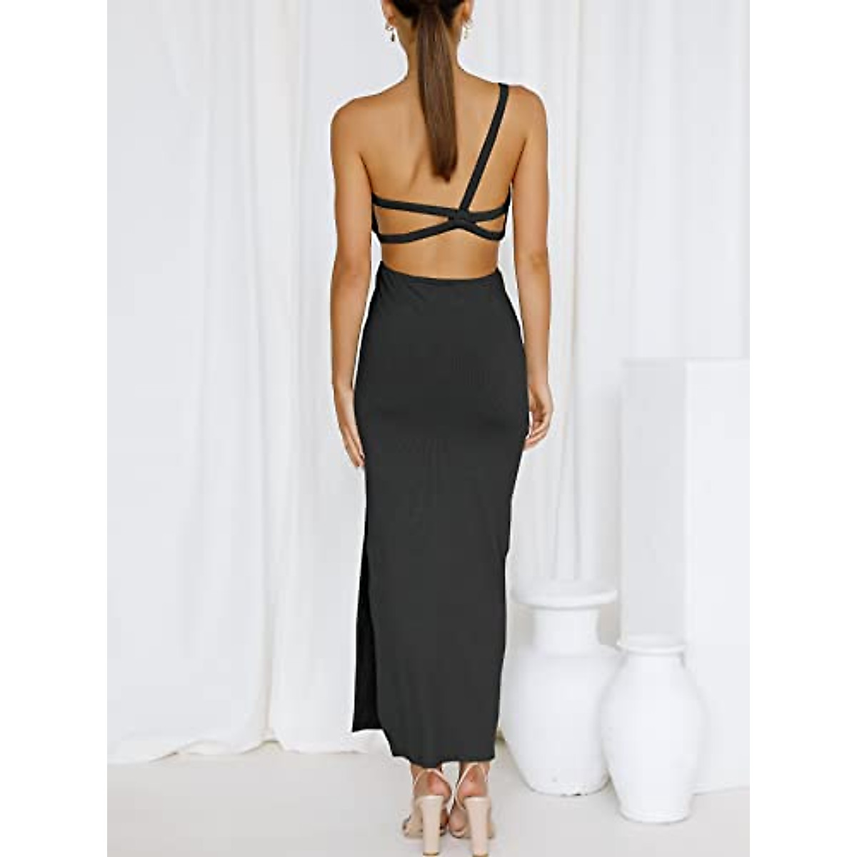 ANRABESS Women’s Summer Sexy Bodycon Maxi Gradution Dress 2023 Prom Dresses One Shoulder Sleeveless Sexy Cut Out Formal Cocktail Party Dress 765heise-L Black