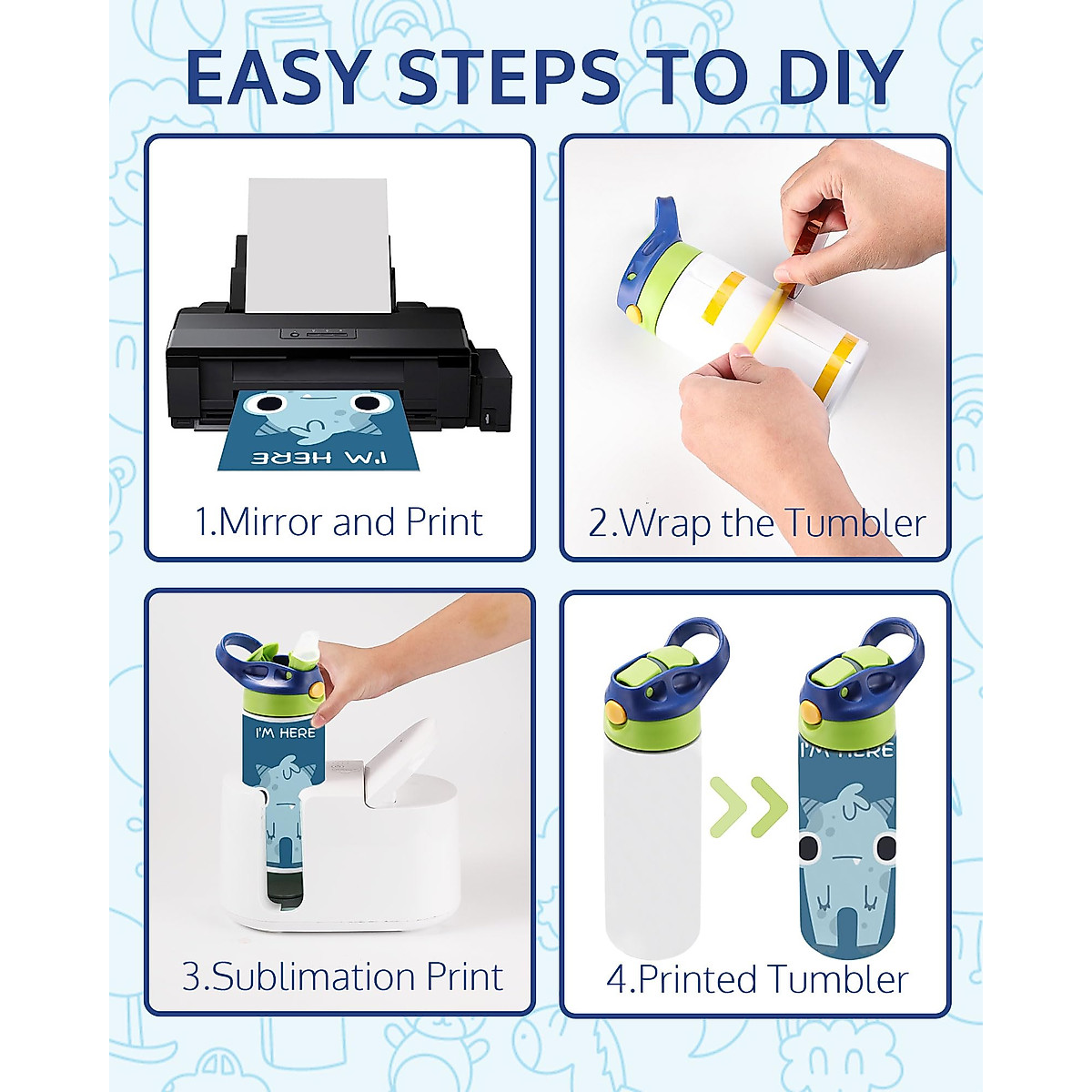 OFFNOVA 12oz Kids Sublimation Tumbler, Kids Sublimation Tumbler Blank with with One-click Pop-up Straw and Handle, Children Sublimation Cups for Milk, Soda, Juice, Drinks (4 Pack)