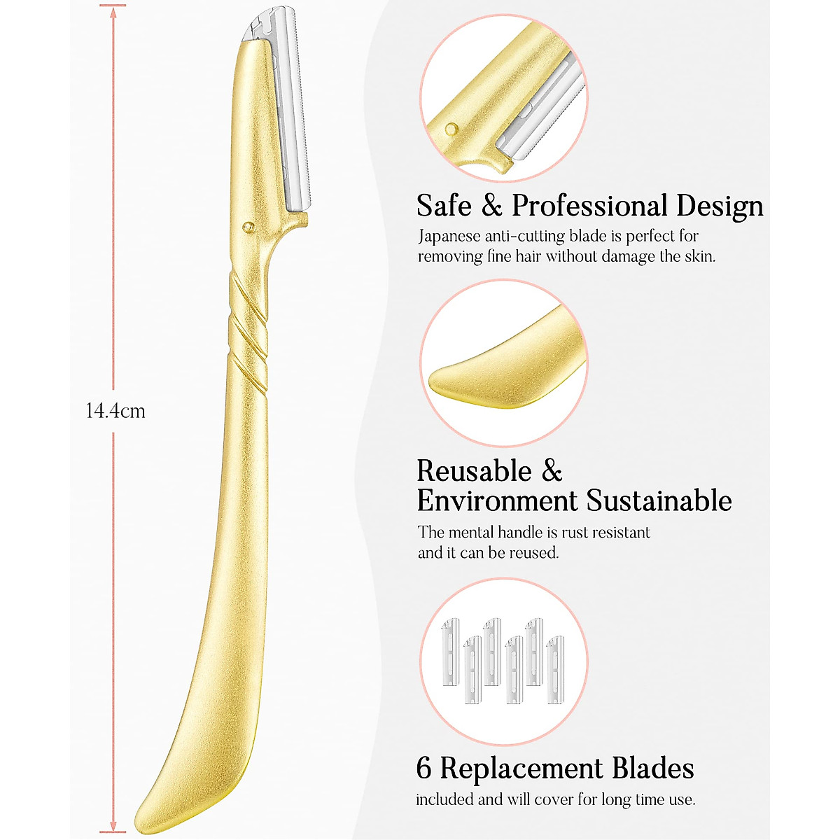ennva Eyebrow Razor for Women - Eyebrow Trimmer Dermaplaning Tool- Ergonomic Eyebrow Shaper and Facial Razor for Peach Fuzz-Exfoliating Face Razor for Eyebrows-Eye Brow Shaver Razors w/ 7 Blades- Gold