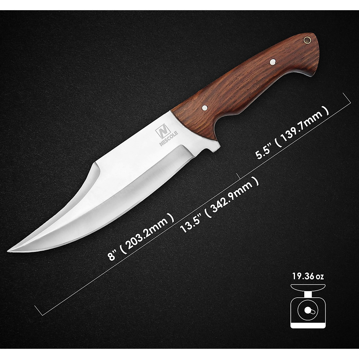 Nescole Handmade D2 Steel Hunting Bowie Knife With Rose Wood Handle & Leather Sheath - 13.5" Tactical Bowie Survival Hunting Knife For Camping, Hiking, Skinning, Fishing