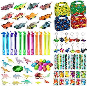 Dinosaur Theme Party Favors Supplies 96 Pcs Birthday Party Decorations Goodie Boxes Hatching Eggs Figures Keychains Pull Back Cars Bubble Wands Slap Bracelets Stickers Toys For Kids Boys Girls