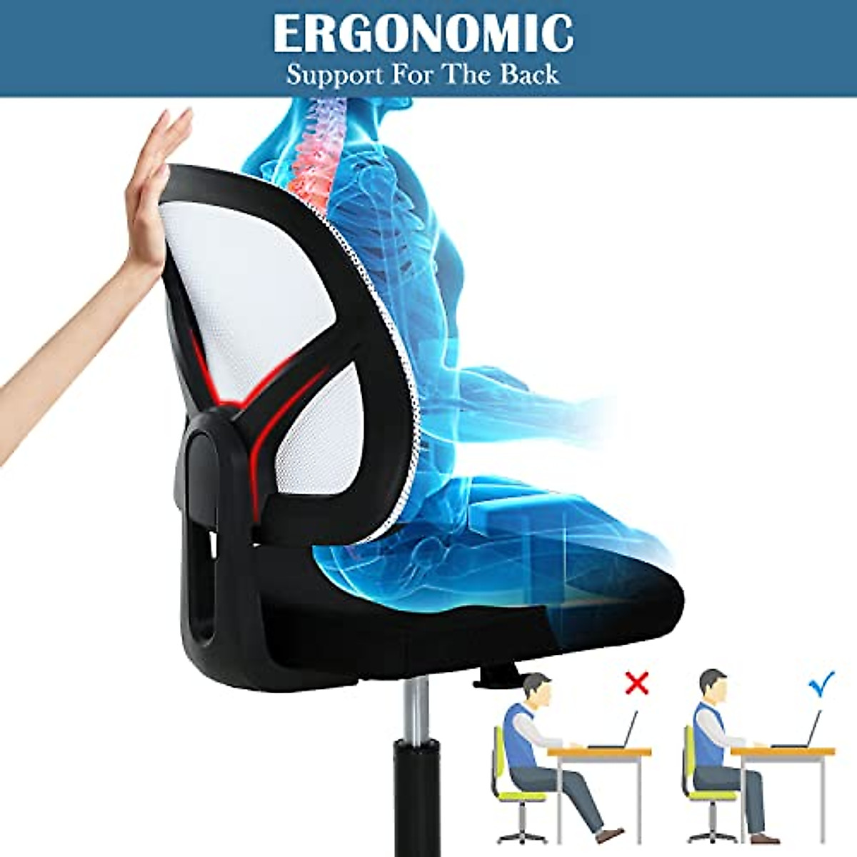 Home Office Chair Ergonomic Desk Chair, Mesh Computer Chair with Wheels, Armless Low-Back Task Chair,Executive Rolling Swivel Adjustable Desk Chair for Adults Women Girls(White)
