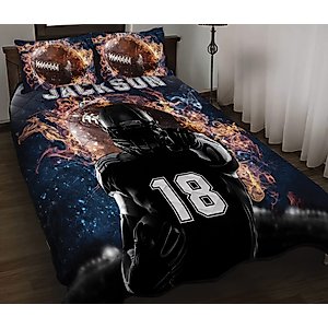 Custom Cool Galaxy Fire Footballer Quilt Set, Boys Comforter Sets Twin Throw Queen King Football, Football King Comforter Set, Football Team Gifts Bedspread Lightweight Soft Bedding for All Season
