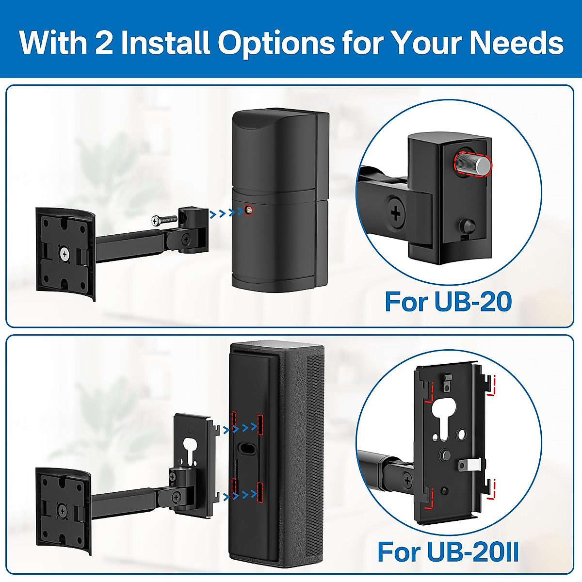 Angle Adjustable Bose Speaker Wall Mount - Ceiling & Wall Mount for Bose UB-20 Series II, SoundTouch, CineMate, Lifestyle, Acoustimass, Cube Surround Speaker Bracket, Black