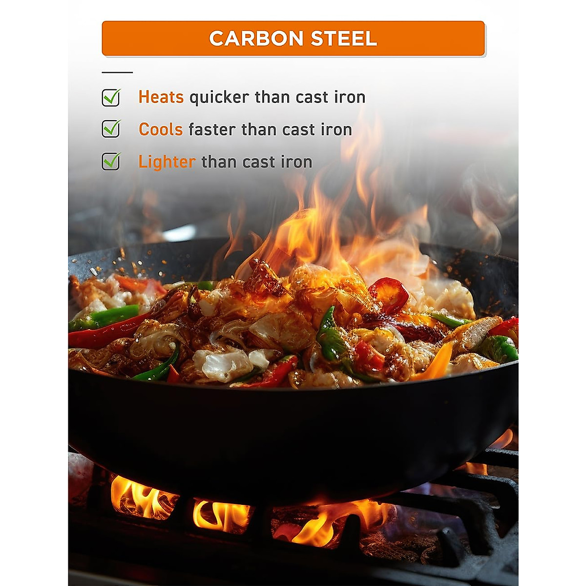 Commercial CHEF 12" Carbon Steel Wok with Acacia Wood Handle, Non Stick Stir Fry Pan with Ceramic Coating, Safe for Any Cooktop or Grill, Lighter and Cools Faster than Cast Iron