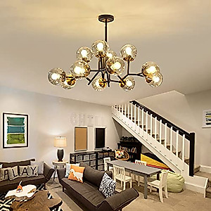 UOFUS 12-Light Glass Globe Sputnik Chandelier Mid-Century Modern Matte Black and Gold Ceiling Light Fixture Vintage Hanging Pendant Light for Bedroom Living Room Kitchen Farmhouse Dining Room