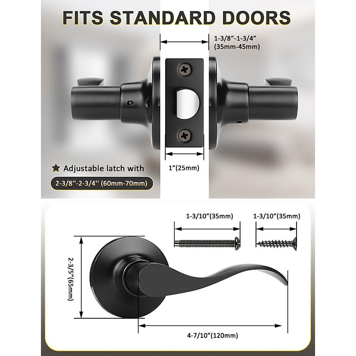 Mengico 6 Pack Door Handle Lock,Black Door Lever Interior,Passage Door Levers Closet Hallway Door Lever,Reversible Wave Lever Handles