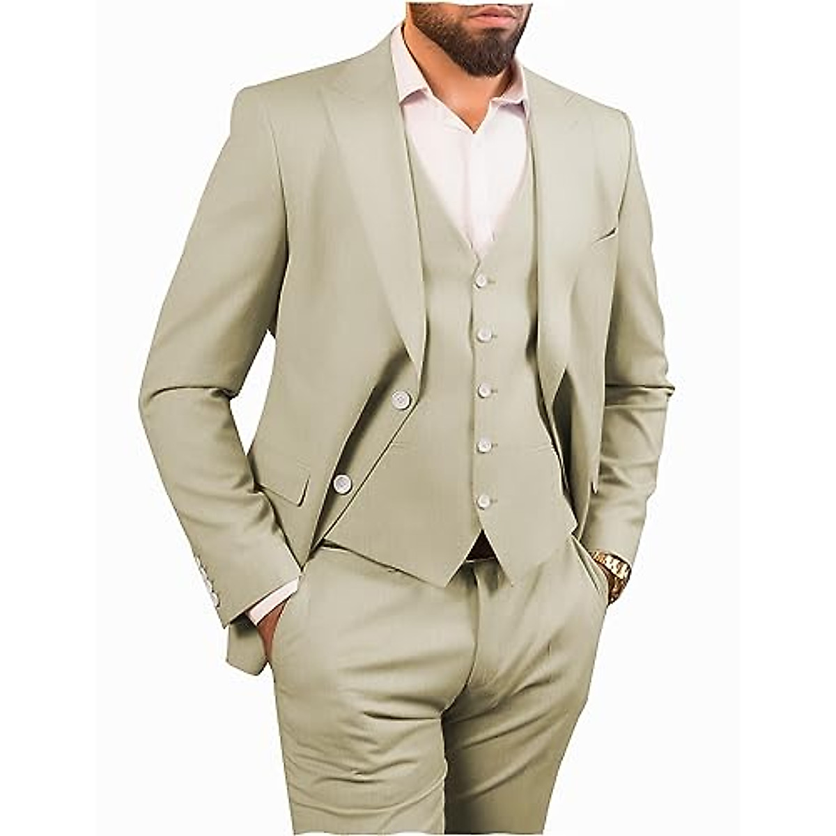 Formal Men's Suits Regular Fit 3 Piece Tuxedos Peak Lapel Jacket + Vest + Pants for Wedding Grooms(White,50S)