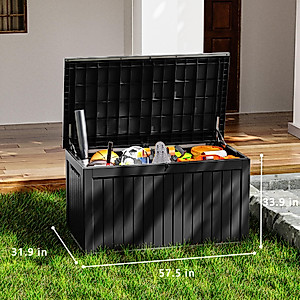 DRATO 230 Gallon Deck Box, Waterproof Resin Large Outdoor Storgae Box for Patio Furniture, Patio Cushions, Gardening Tools, Pool and Sports Supplies, Lockable (Black)