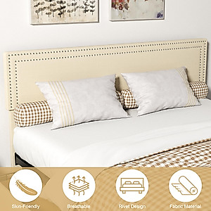 Queen Bed Frame with 4 Storage Drawers, Modern BedFrame with Rivet Adjustable Headboard, Platform Mattress Foundation, Metal Frame Structure with Wooden Slats Support, No Box Spring Needed, Beige