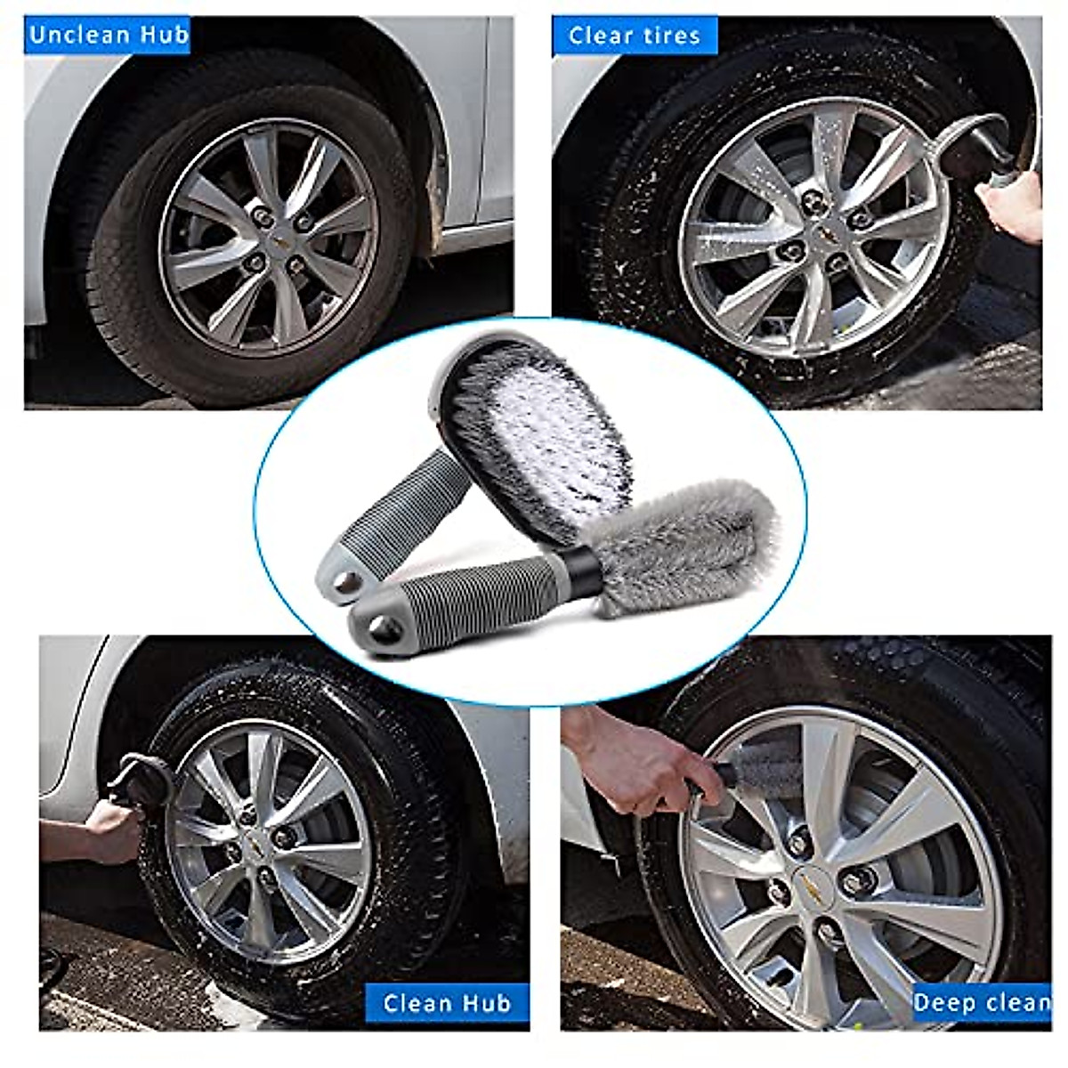 Cleaning Set for Car/Van/Truck/Camper - Nylon Brush for Flat Surfaces (Wheels, Tyres, Bumpers, Floor Mats) - Soft Brush for Openings (Rims, Grille, Roof Rack) - Soft Microfiber Cleaning Cloth