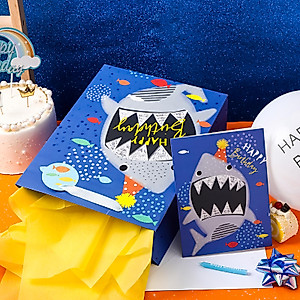 LeZakaa 13" Birthday Gift Bag, Medium Blue Gift Bag with Tissue Paper, Gift Tag and Card - Shark with Word Happy Birthday Design for Boy, Girl, Kids