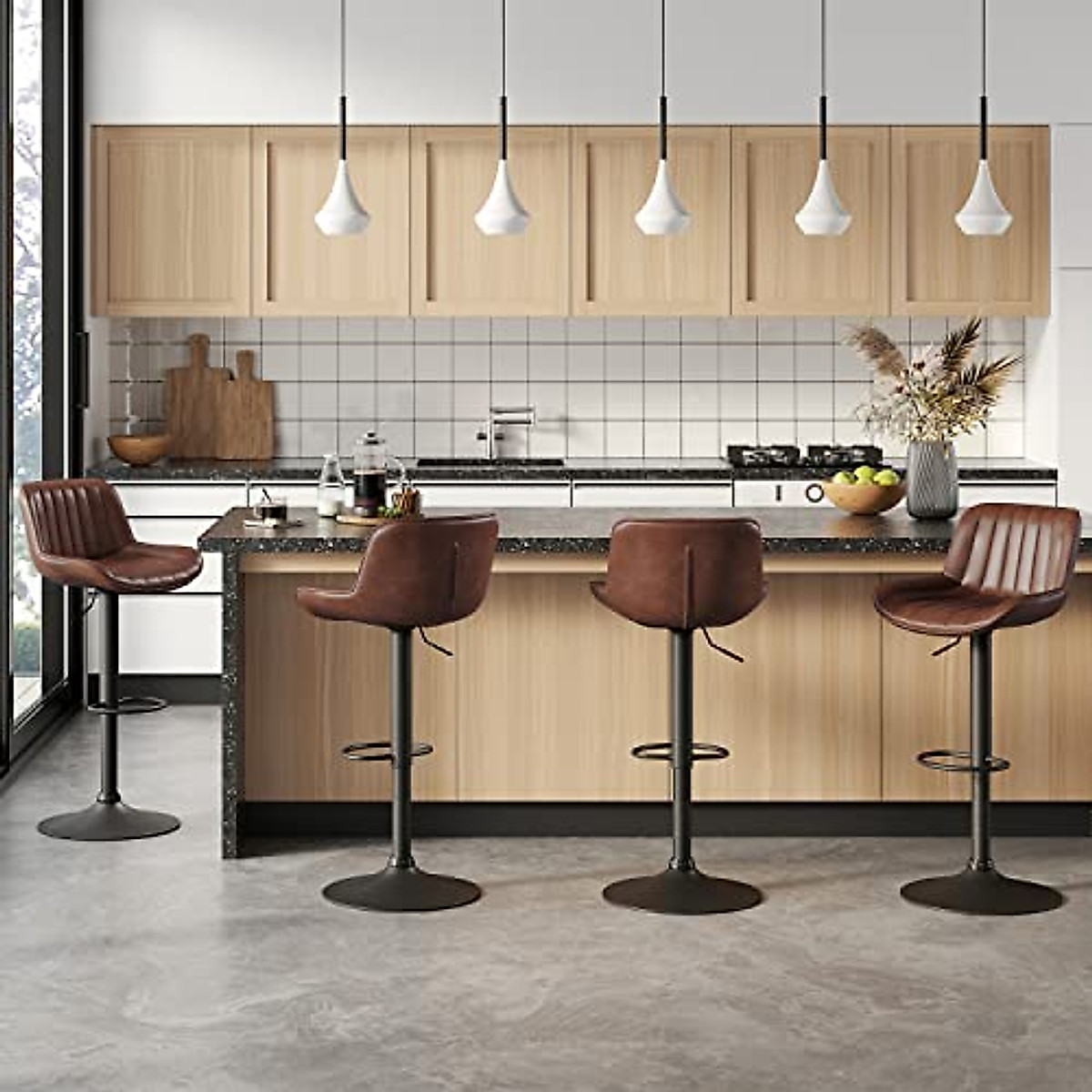 Volans Bar Stools Set of 4, Mid Century Modern Faux Leather Swivel Adjustable Height Bar Stool, Counter Height Pub Bar Chair with Back, Black Powder Coated Base, Cognac