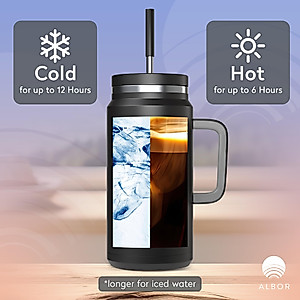 ALBOR 50 oz Tumbler With Lid and Straw, Leak Proof Durable Stainless Steel Insulated Tumbler With Handle, Spill Proof Water Bottles With Straw (Black)