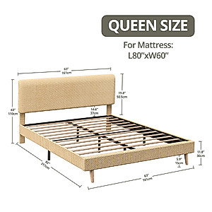 LIKIMIO Queen Bed Frame with Headboard, Fully Cotton Upholstered Foundation, Wooden Slats Support, Noise Free, No Box Spring Needed, Easy Assembly, Rustic Yellow and White Checkered