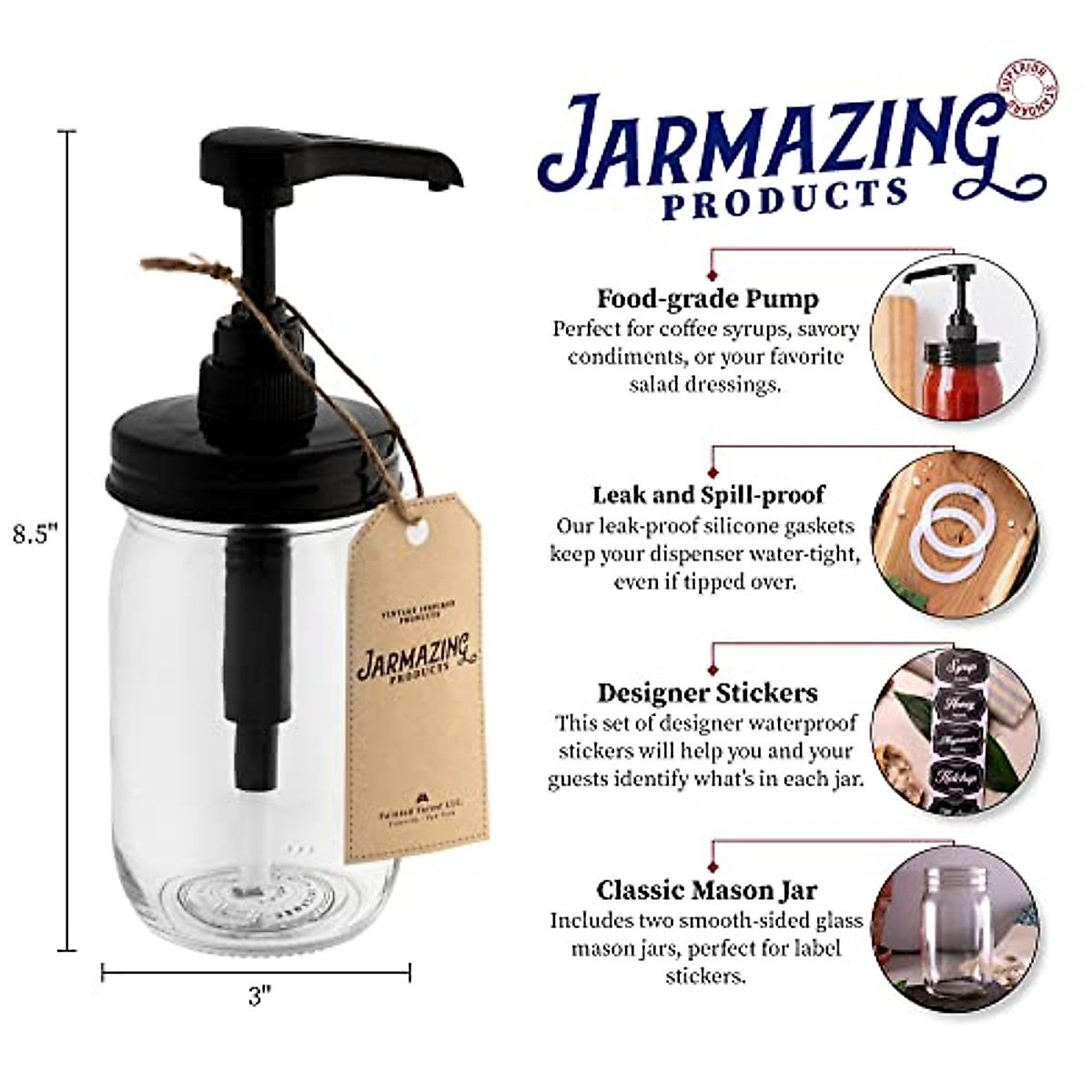 Jarmazing Products Mason Jar Syrup Dispenser - Set of 2 – 16 oz Smooth Jars with Rust-Proof, Leak-Proof, Food Grade Pumps for Honey, Syrups, Condiments, Salad Dressings and More