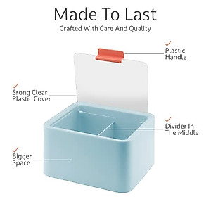 HOMEQUIP bathroom Organizer Cotton Pad & Q Tip Storage with Lid – Aqua Qtip Dispenser Box with 2 Sections for Cotton Swab Balls, Makeup Sponge, Tooth Pick, Hair Accessories & Much More