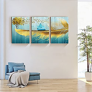 SERIMINO Wall Decor for Bedroom, Canvas Wall Art for Living Room, Modern Pictures, Golden Feather and Yellow Tree Paintings, Posters for Farmhouse, Prints for Office, 3 Pieces Set