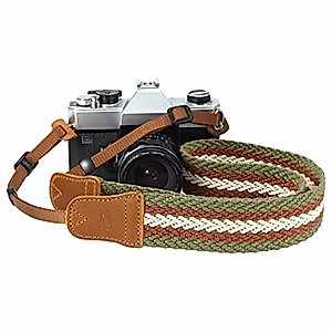 Stripes Camera Strap - 1.5" Cowhide Head Shoulder Neck Strap ,Vintage Woven Multi-color Camera Straps for Cameras and Binoculars,Cute Adjustable Thin Strap for Adults & Kids(Green Yellow White）