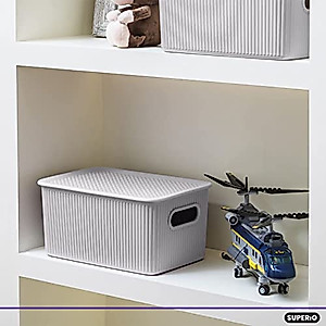 Superio Ribbed Collection - Decorative Plastic Lidded Home Storage Bins Organizer Baskets, Medium White Smoke (1 Pack - 5 Liter) Stackable Container Box, for Organizing Closet Shelves Drawer Shelf