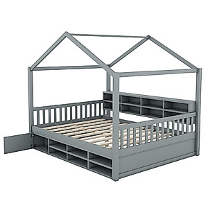 Kids House Bed with Storage Shelves, Full Size Montessori Bed with Bookcase Sideboard, Wooden Cabin Bed Frame with Cabinet for Girls Boys Teens, White