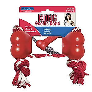 KONG - Goodie Bone with Rope - Durable Rubber Chew Bone, Teeth Cleaning Dog Toy - for Medium Dogs
