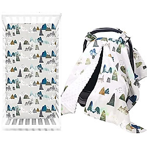 Peekaboo Opening Car Seat Cover & Crib Sheet for Boys Girls, Adventure Mountain Car seat Canopy & Toddler Bed Sheets, Soft Fabric, Woodland