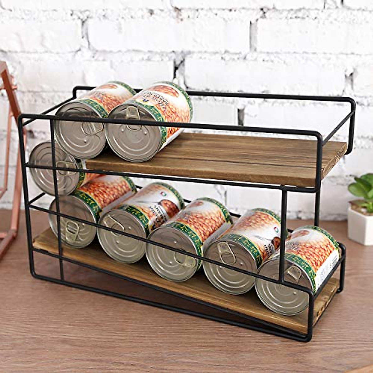 MyGift 2-Tier Rustic Burnt Wood & Black Metal Wire Pantry Canned Food Dispenser Storage Organizer Rack