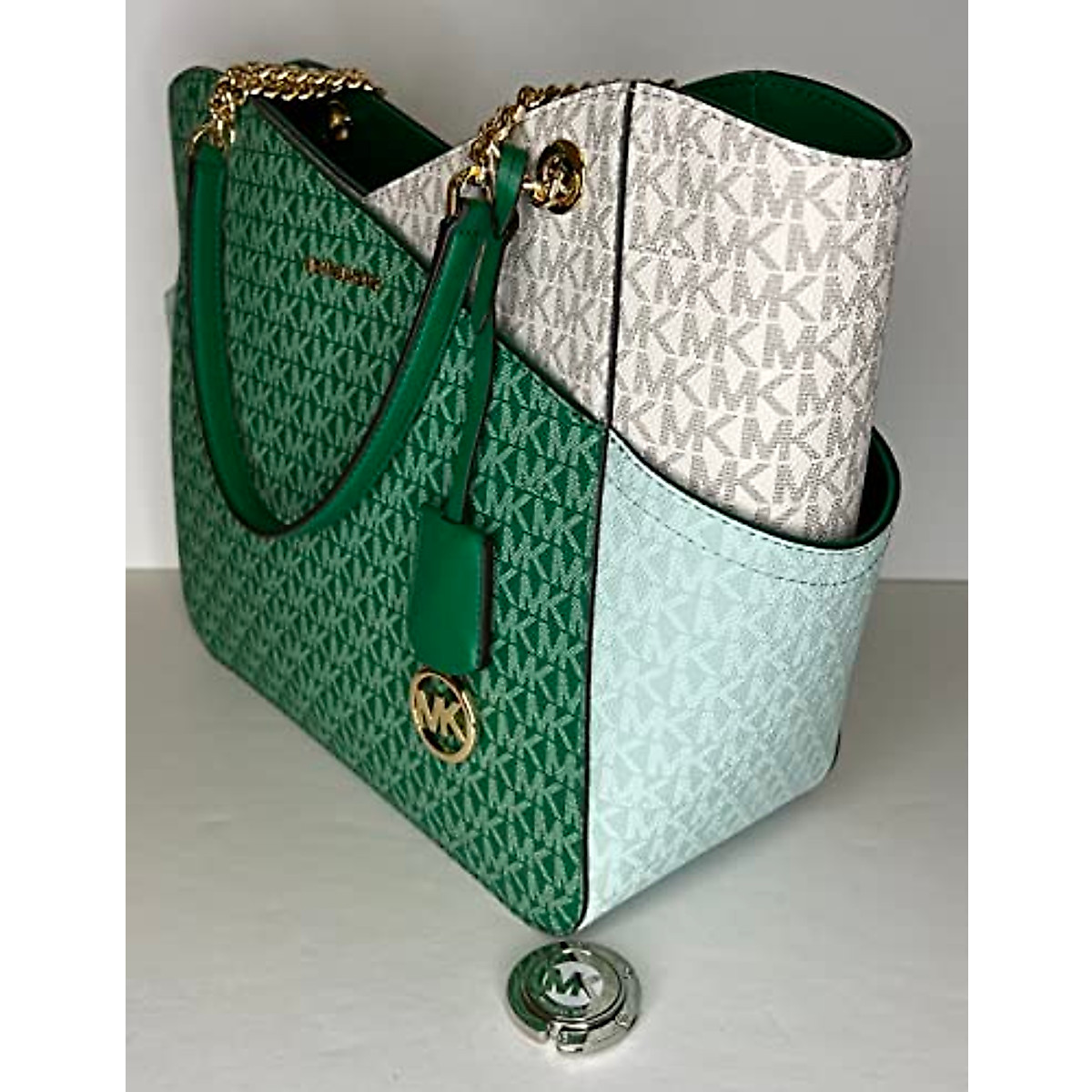 Michael Kors Jet Set Travel Large Chain Shoulder Tote bundled Purse Hook (Palmetto Green MK Colorblock)