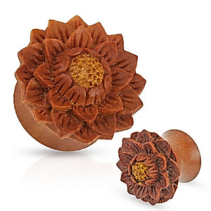 Pierced Owl Lotus Flower Hand Carved Organic Jackfruit Tree Saddle Fit Plug Gauges, Sold As Pair (16mm (5/8"))