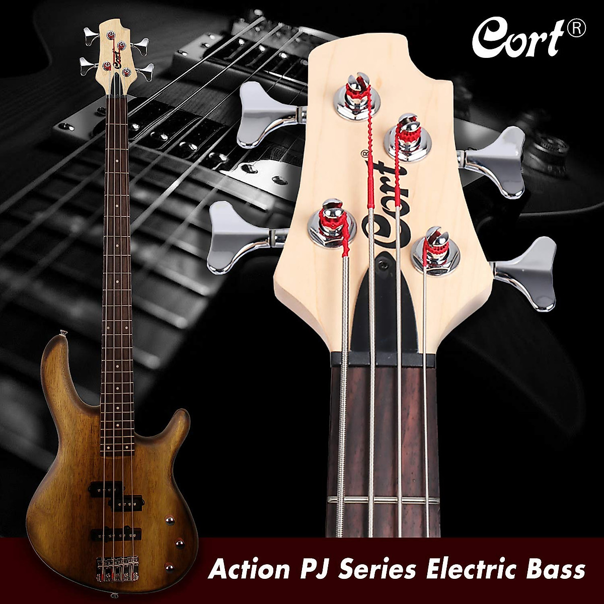Cort Action PJ Series 4-String Electric Bass, Open Pore Walnut with Guitar Strap, Massaging Shoulder Strap Attachment and Bundle