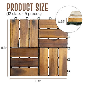ASESVIDA Acacia Interlocking Deck Tiles - Premium 9 Pack Outdoor Flooring 12 Slats - Waterproof, Durable Wood Patio Tiles for Garden, Balcony, Backyard - Ring Joint Design (12 slats, Acacia, 9)