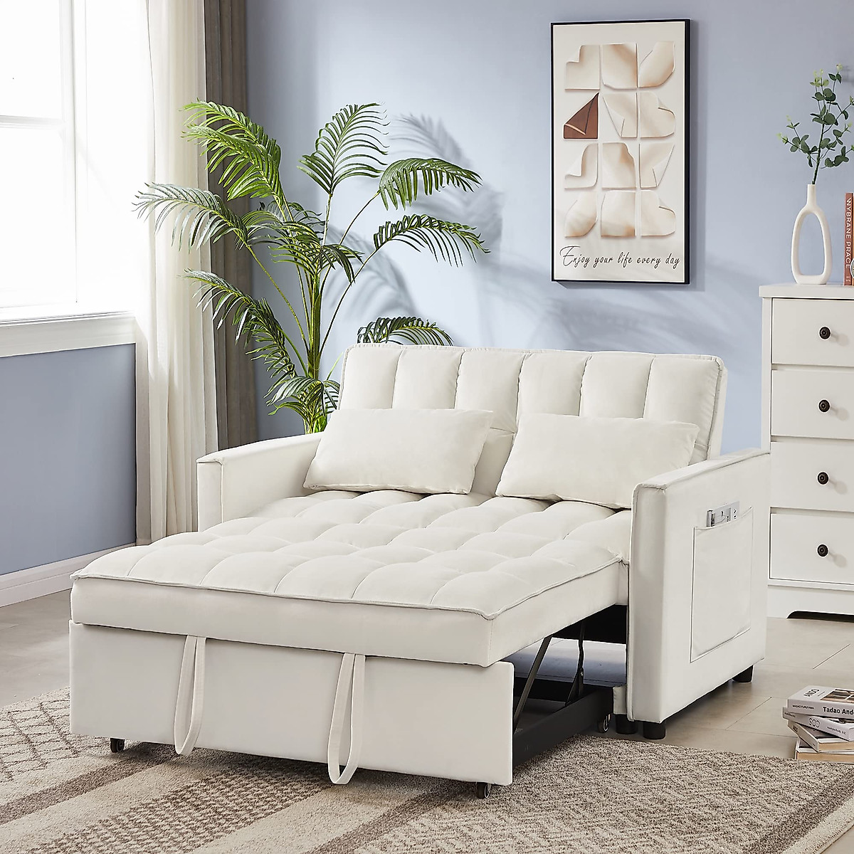 Eafurn Futon Loveseat Couch with Pull Out Bed,3-in-1 Multi-Functional Upholstery Convertible Sleeper Sofa Reclining Chaise Lounge with Adjustable Backrest, Sofacama for Living Room, Small Space