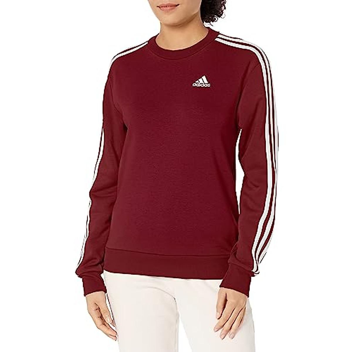 adidas Women's Essentials 3-Stripes Fleece Sweatshirt, Shadow Red/White, X-Small