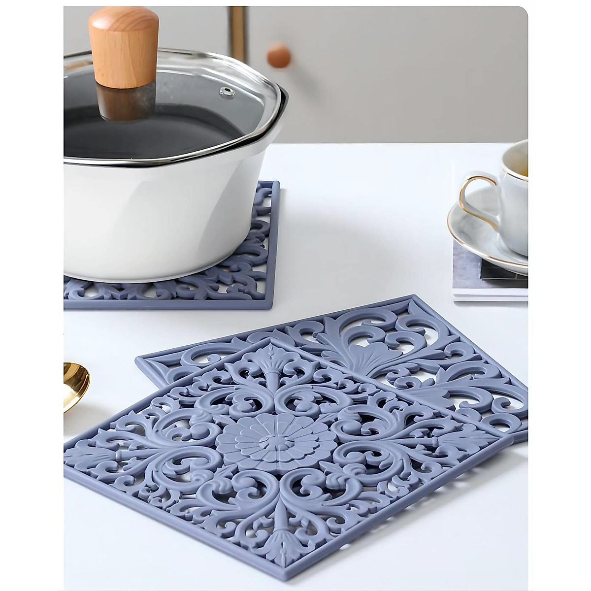 Viwehots Silicone Trivets Mats for Hot Pots and Pans, Square Non Slip Mat for Table Multi-Use Carved Hot Pads and Mats, Flexible Modern Pad Heat Resistant Big Teapot Coaster Set of 3 Blue