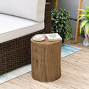 HOMPUS Concrete Outdoor Side Table Tree Stump Modern Round Coffee Table Accent Table Plant Stand Faux Wood End Table Garden Stool for Patio,Home Decor, Living Room(Light Oak)