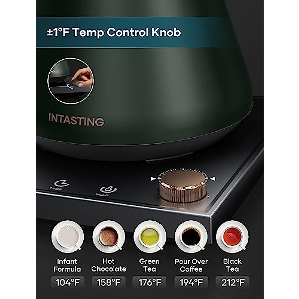 Electric Kettles, INTASTING Gooseneck Electric Kettle, ±1℉ Temperature Control, Stainless Steel Inner, Quick Heating, for Pour Over Coffee, Brew Tea, Boil Hot Water, 0.9L Green