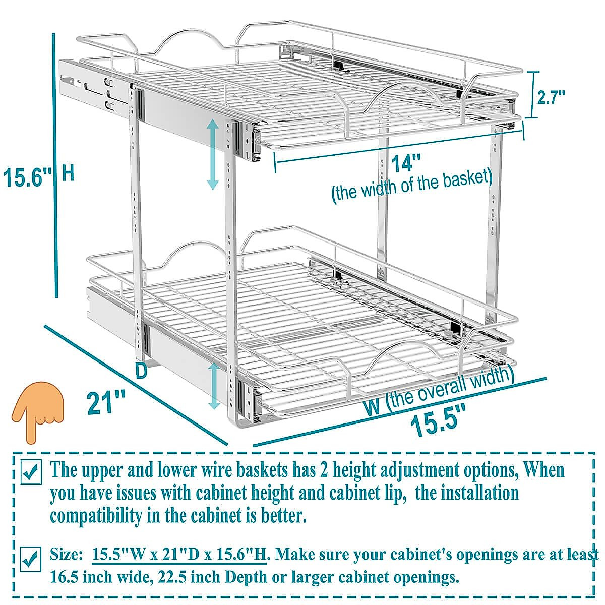 OCG 2 Tier Pull Out Cabinet Organizer (15.5" W x 21" D), Pull Out Drawers for Kitchen Cabinets, Pull Out Shelves for Base Cabinet Organization in Kitchen Bathroom Pantry, Chrome Finish