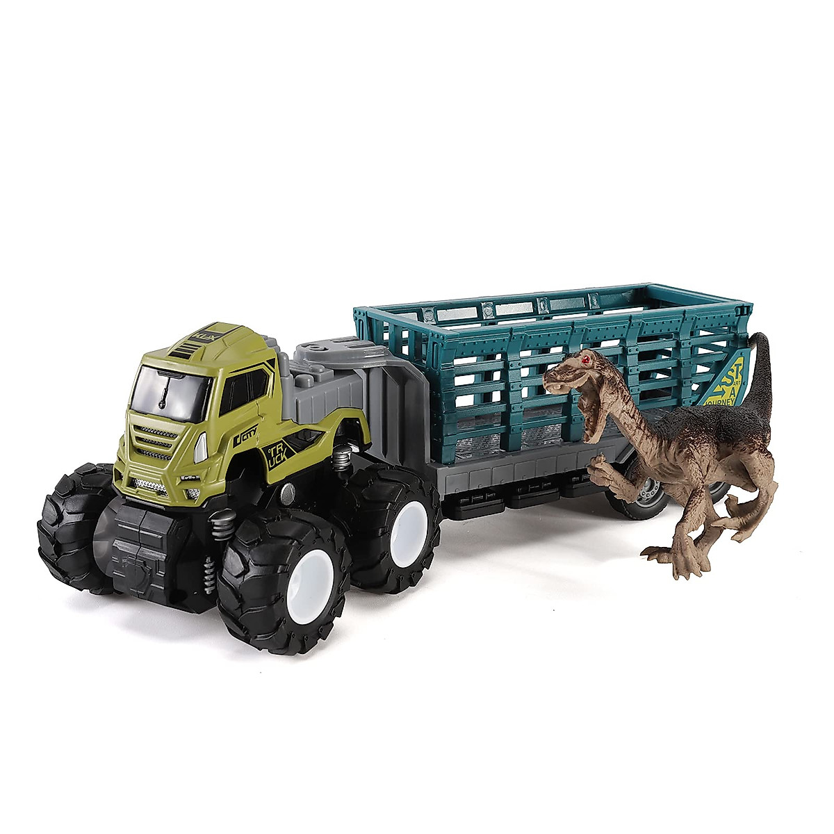 Dinosaur Transport Truck 9.8 inch Metal Trailer Belt 6.7 inch Velociraptor for 3 4 5 6 7 Year Old boy Toy