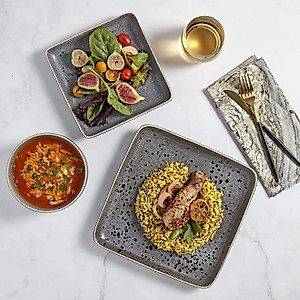 Tabletops Gallery Madison Fashion Dinnerware Collection- Square Contemporary Modern Reactive Glaze Dinner Salad Plate Bowl 4 Place Setting, 12 Piece Madison Dinnerware set in Speckled Grey