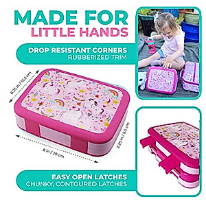 Bento Lunch Box Kids Toddlers: Leakproof Lunch Containers for Boys & Girls with 4 Compartments - School, Daycare, Pre-School, Snack Container with Lid Utensil, BPA-Free Boxes, Age 3+, Pink Unicorn