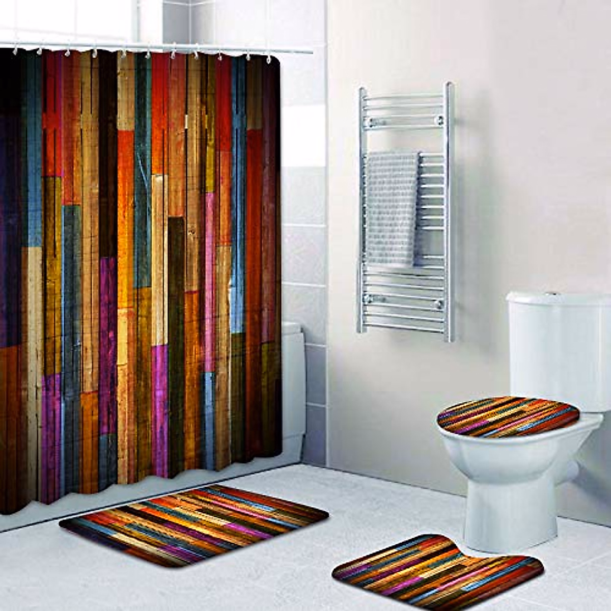 Shower Curtains with Bath Rugs Non-Slip Soft Toilet Lid Cover for Bathroom ,Waterproof Home Tub Curtains Sets with Memory Foam Rugs ,3D Print Durable Polyester Fabric Four-Piece Colored Wood