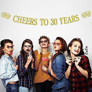 Cheers to 30 Years Banner, Cheers & Beers to 30 Years Glitter Banner, 30th Birthday/Wedding Anniversary Party Decorations Supplies Gold Glitter