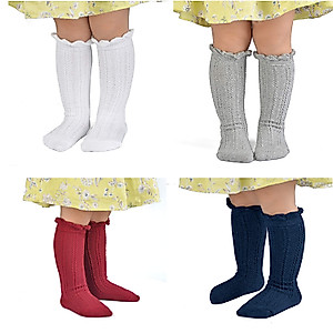 EPEIUS 5 Pairs Little Girls Cotton Uniform Knee High Socks Kids Boys Tube Ruffled Stockings for 6-8 Years,White/Grey/Navy/Yellow/Wine Red