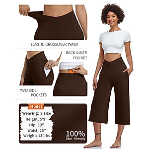 TARSE Womens Casual Wide Leg Yoga Capris Summer Crossover High Waist Capri Pants Loose Soft Pajama Pockets Sweatpants(Brown,M)