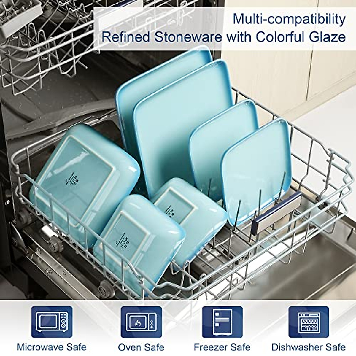 LOVECASA Square Dinnerware Sets for 4, 16 PCS Gradient Dishes Set,Stoneware Dinner Plates/Dessert Plates/Soup Plates/Cereal Bowls,Gradient Sky Blue