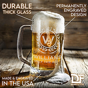 Personalized Custom Beer Mug Glass Cup, Engraved Etched Monogram 16 oz Classic Brew Mug Gift for Dad Drinker