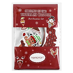 Hemoton 72Pcs Christmas Cupcake Toppers and Wrappers Cute Cupcake Dessert Decoration Unique Party Favors for Christmas Party